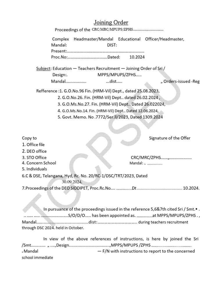 TGCPS EU - TELANGANA DSC 2024 Joining Order | PDF