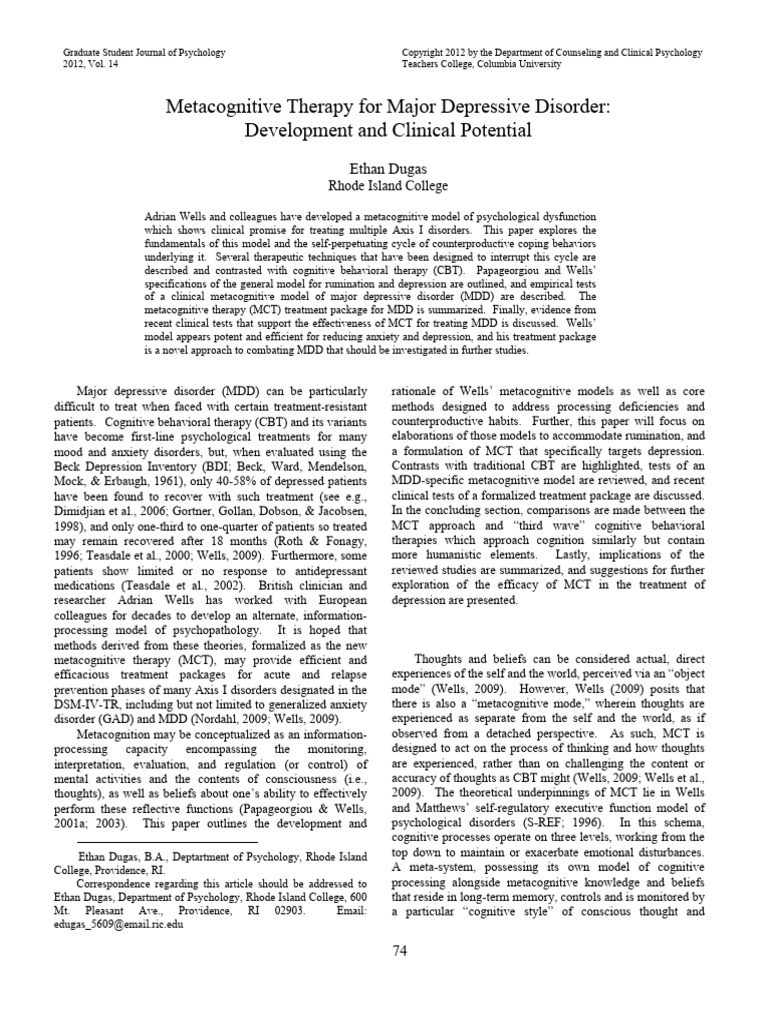 Dugas Metacognitive | PDF | Major Depressive Disorder | Cognitive Behavioral Therapy