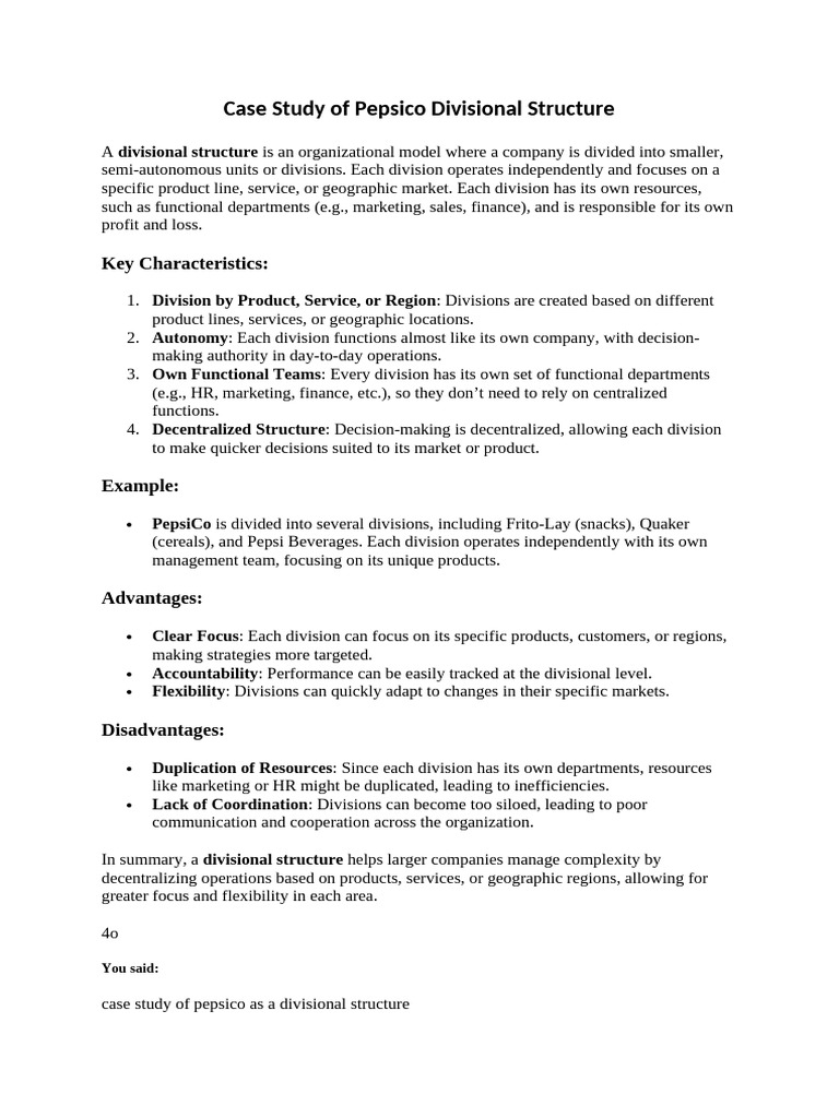 Case Study of Pepsico Divisional Structure | PDF | Pepsi Co | Business ...