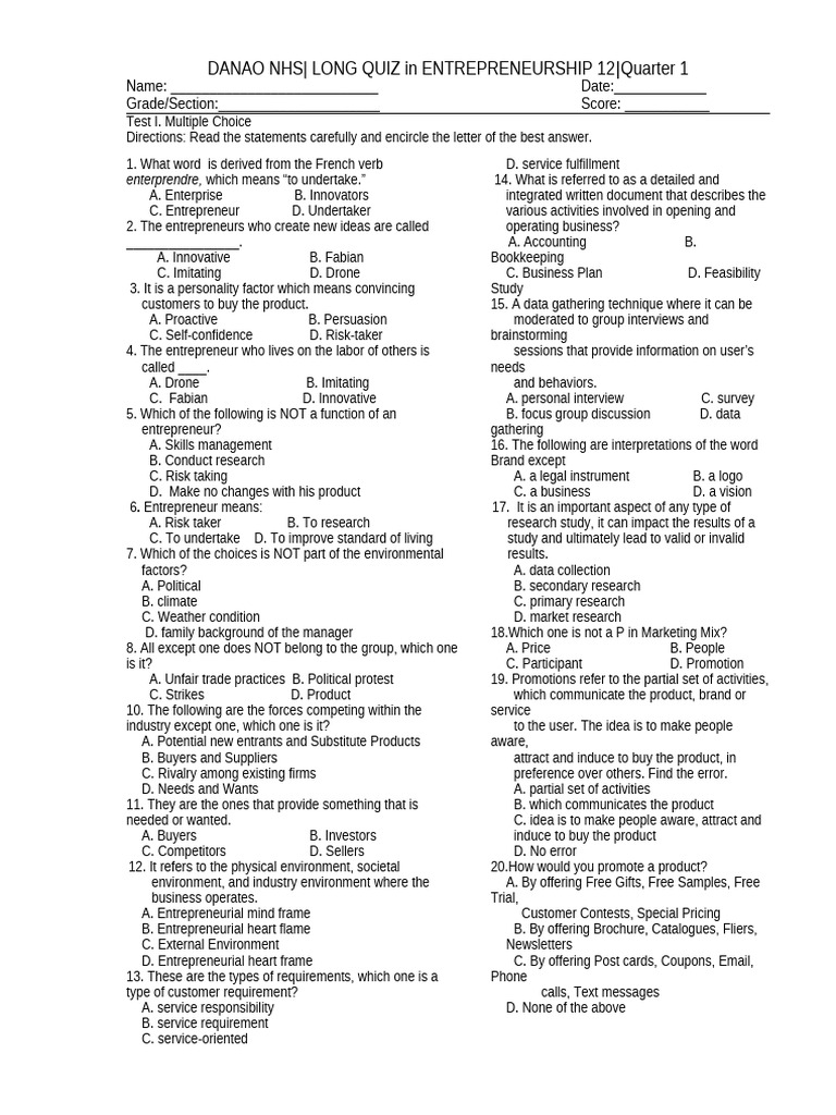 LONG QUIZ in Entrep Q1 | PDF | Entrepreneurship | Business
