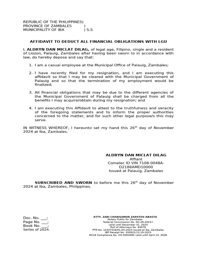 Affidavit To Deduct All Financial Obligations Aldryn Dilag | PDF
