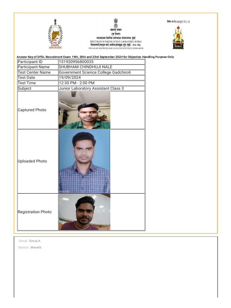 DFSL JR Assistant Answer Key | PDF | Multiple Choice | Mirror