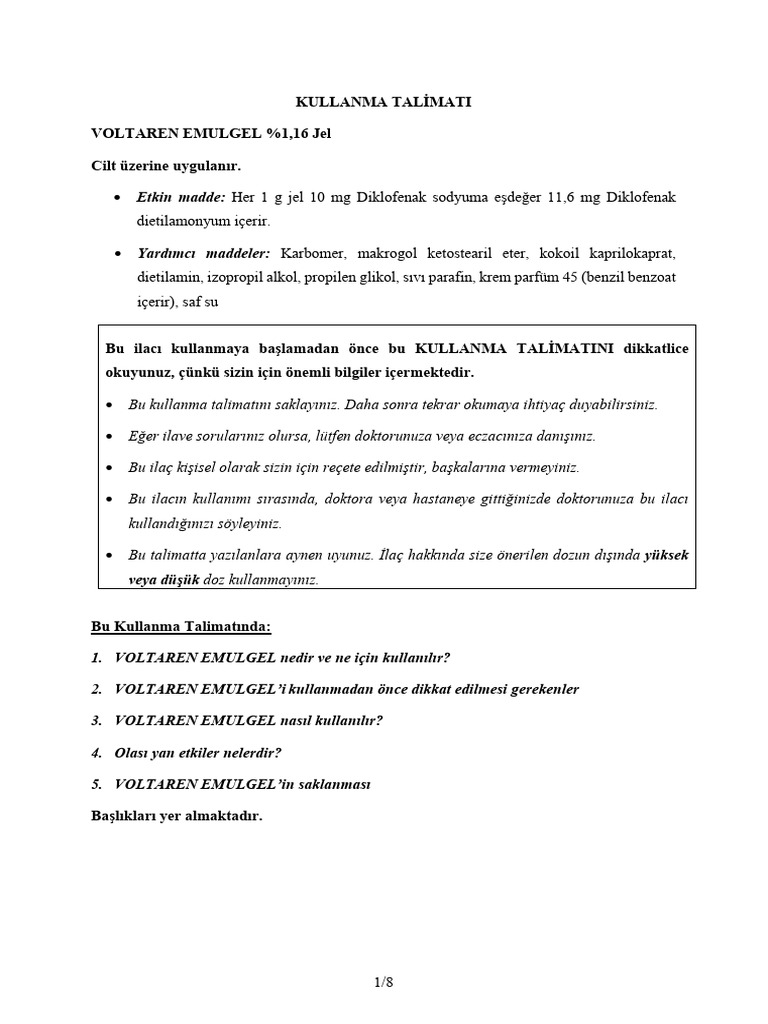 Voltaren Emulgel Yuzde 1 16 Jel KT | PDF