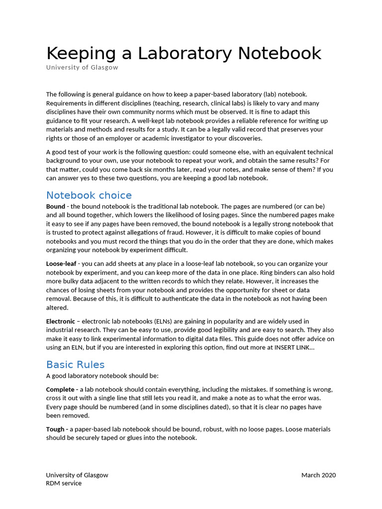 University of Glasgow Lab Notebook Guidance | PDF | Experiment | Notebook