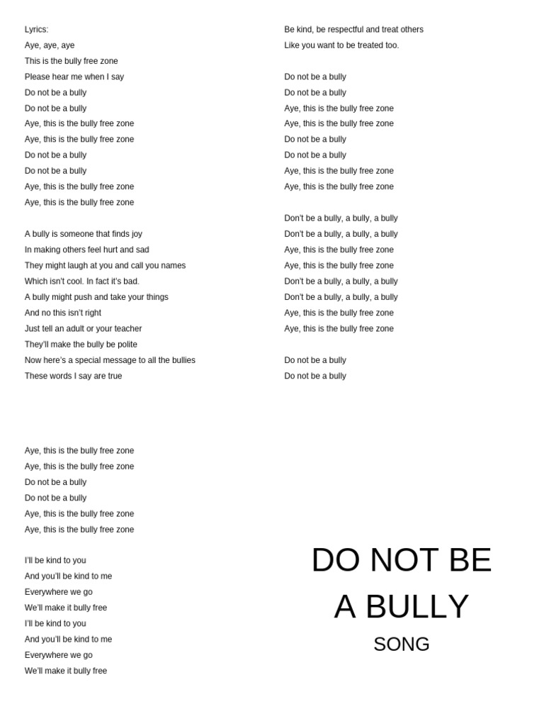 Bully Free Zone Anthem Lyrics | PDF