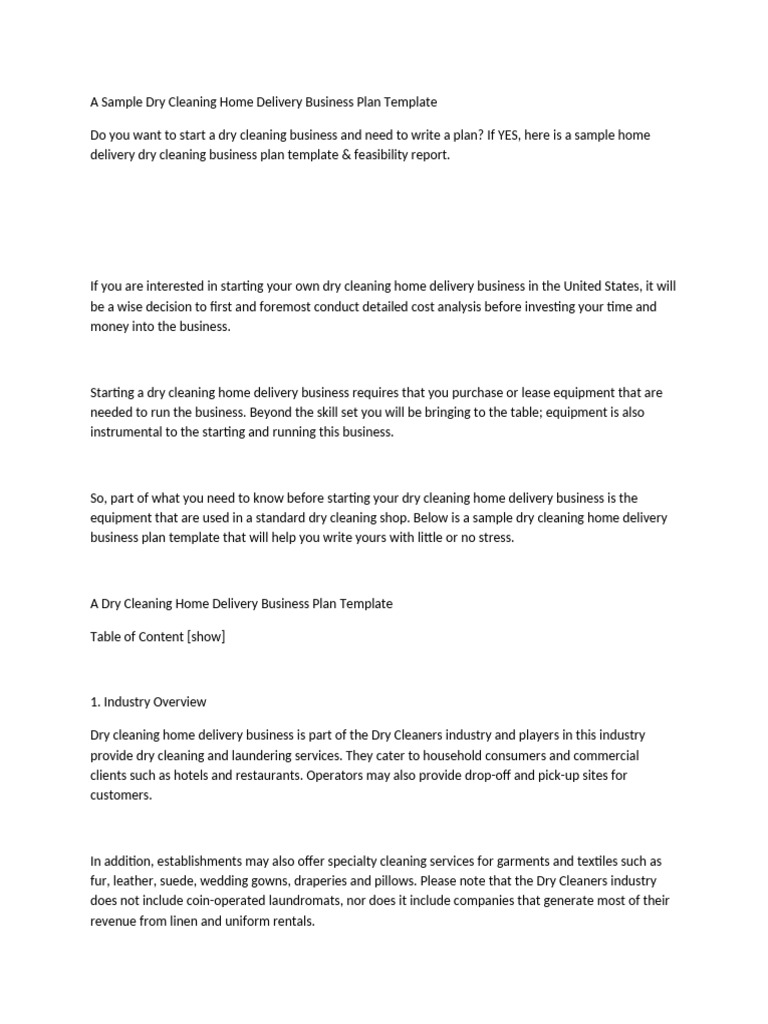 A Sample Dry Cleaning Home Delivery Business Plan Template | PDF ...