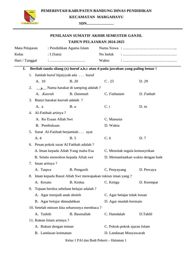 Soal Psas Pai Kls 1 TP 24-25 | PDF