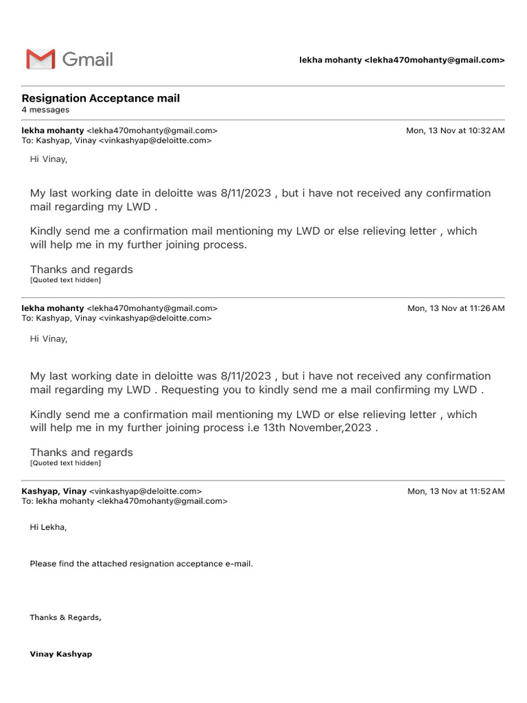 Resignation Acceptance Mail | PDF