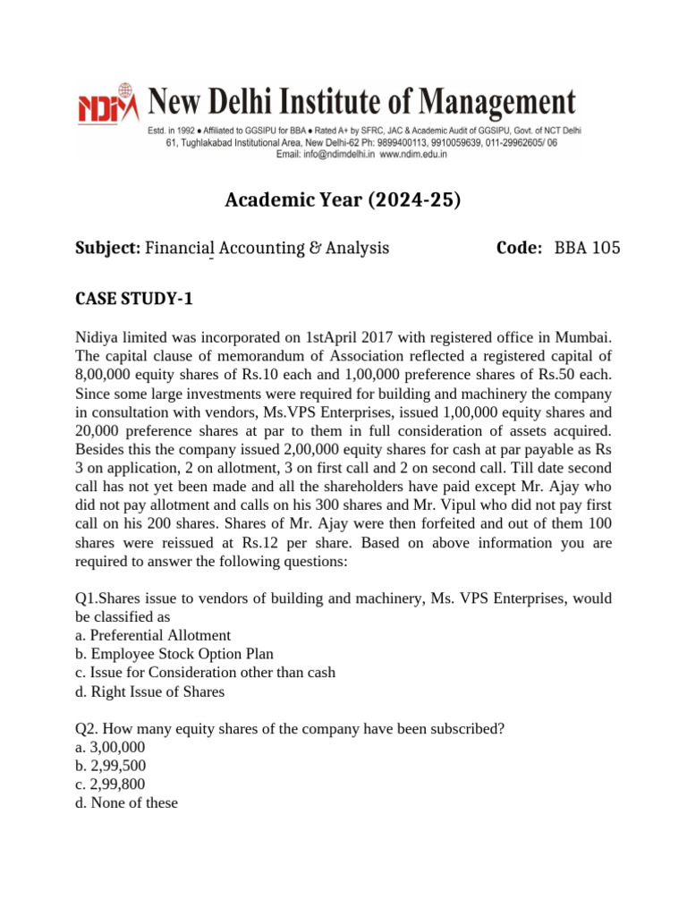 Financial Accounting Case Study 2024-25 | PDF