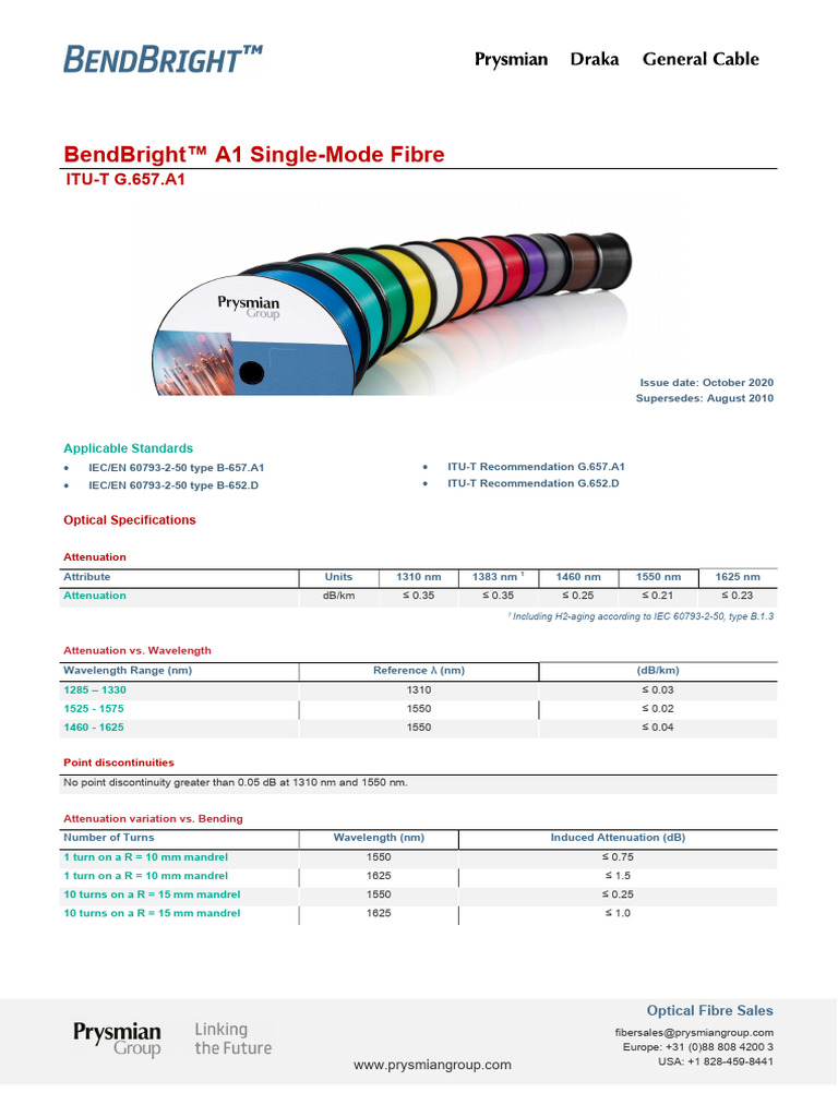 Prysmian BendBright A1 Datasheet | PDF | Optical Fiber | Fiber Optic Communication