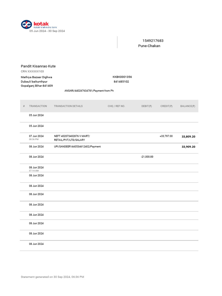 Kotak Bank Statement 2 1 1 1 | PDF | Debits And Credits | Personal Finance