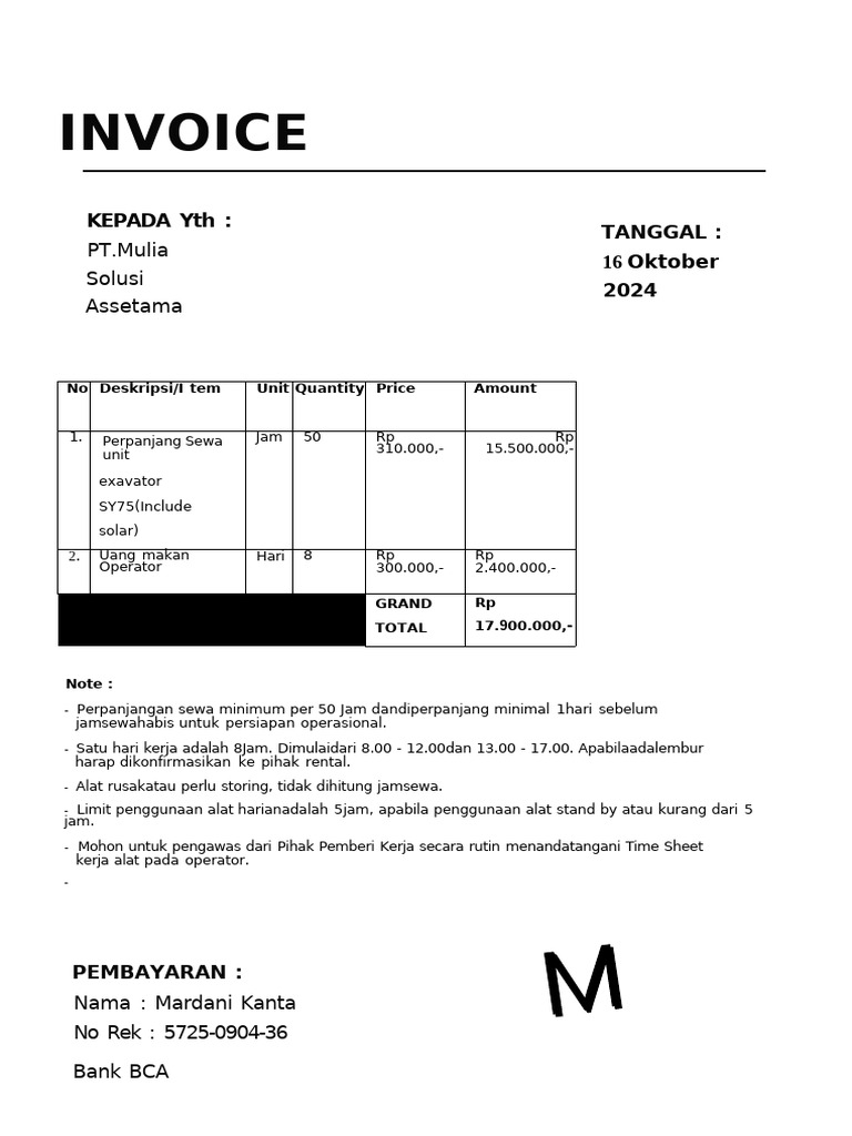 Invoice Perpanjang Sewa Exavator 16 Oktober | PDF