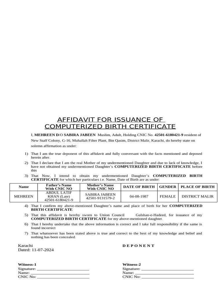 AFFIDAVIT FOR ISSUANCE OF BIRTH CERTIFICATE Above 18 Mehreen | PDF
