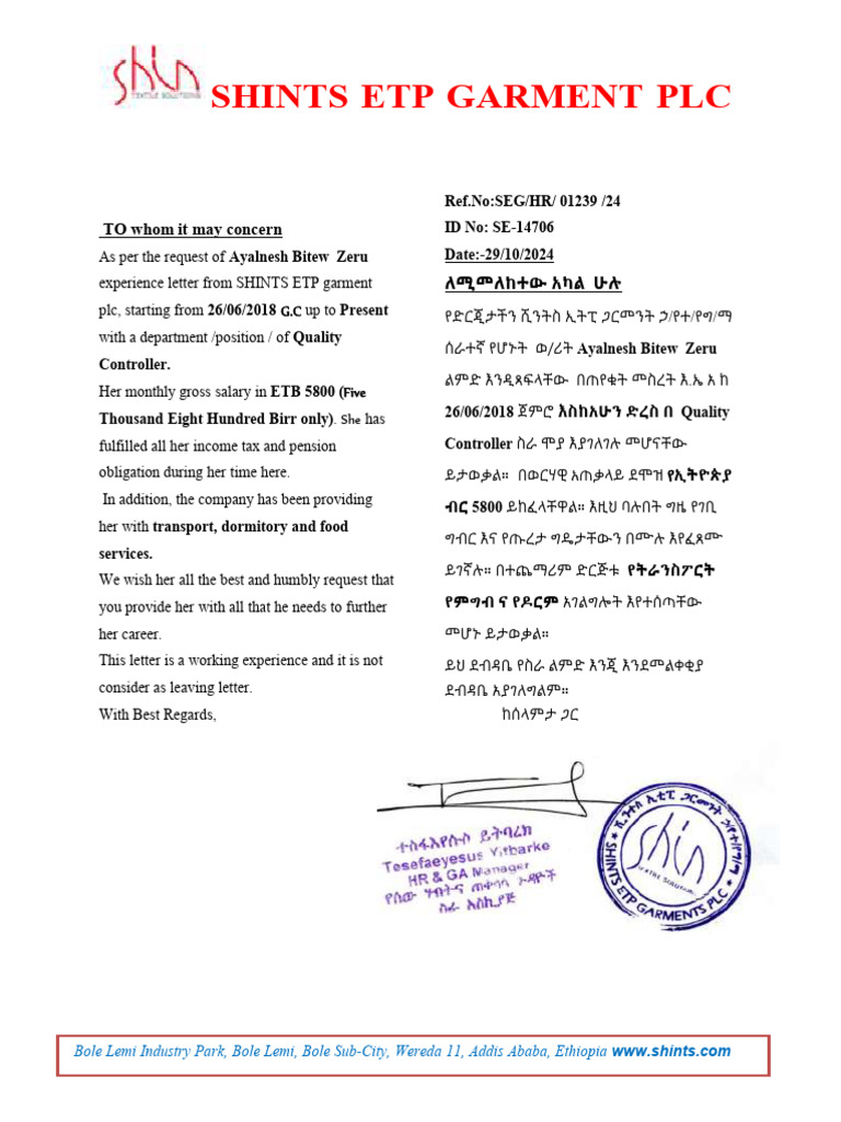 Ayalnesh Work Experiance | PDF