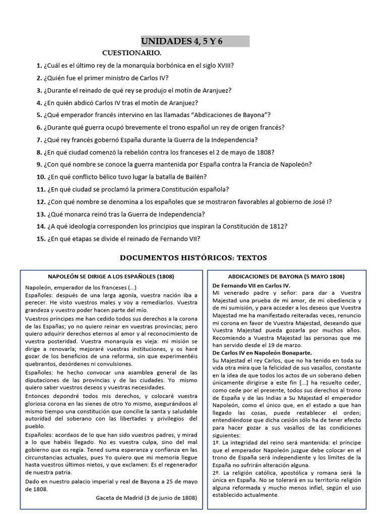 Cuestionario y Documentos Temas 4-5-6 | PDF | España | Guerra peninsular
