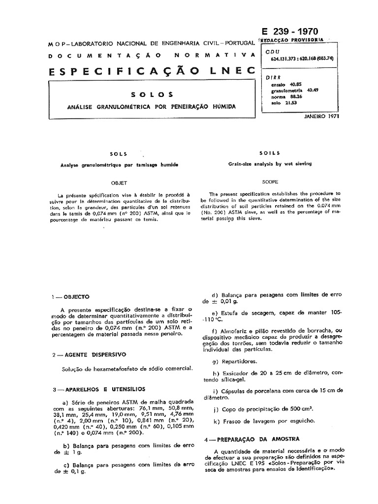 LNEC E 239 - 1970 Análise Granulométrica Por Peneiração Húmida | PDF