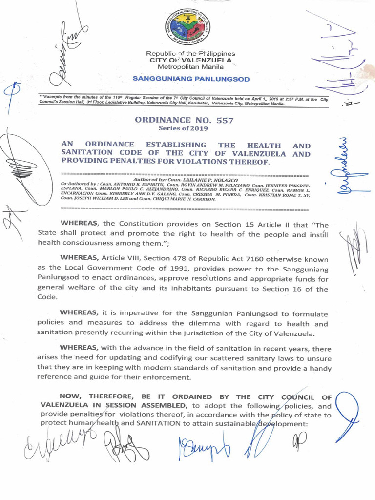 Ordinance No. 557 - Health and Sanitation Code | PDF