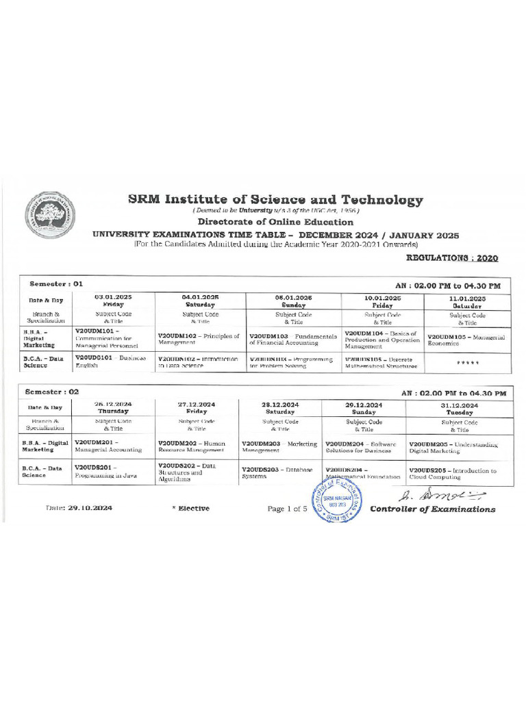 Sem 2 Time Table | PDF