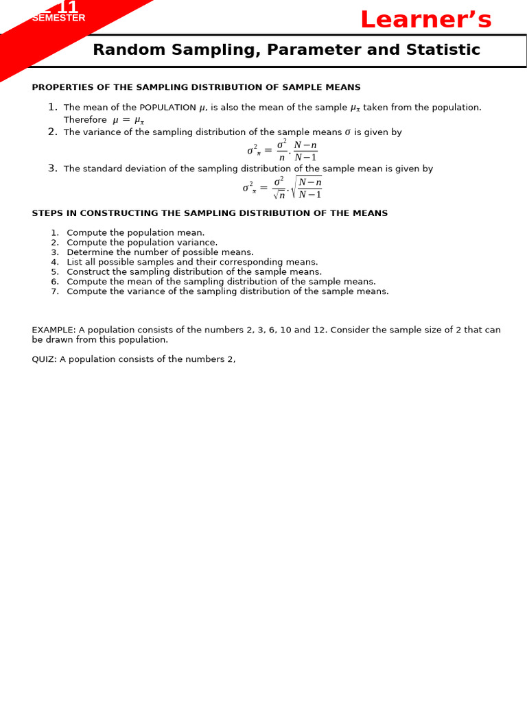 Finding The Mean And The Variance Of The Sampling Distribution Of The Sample Means Pdf