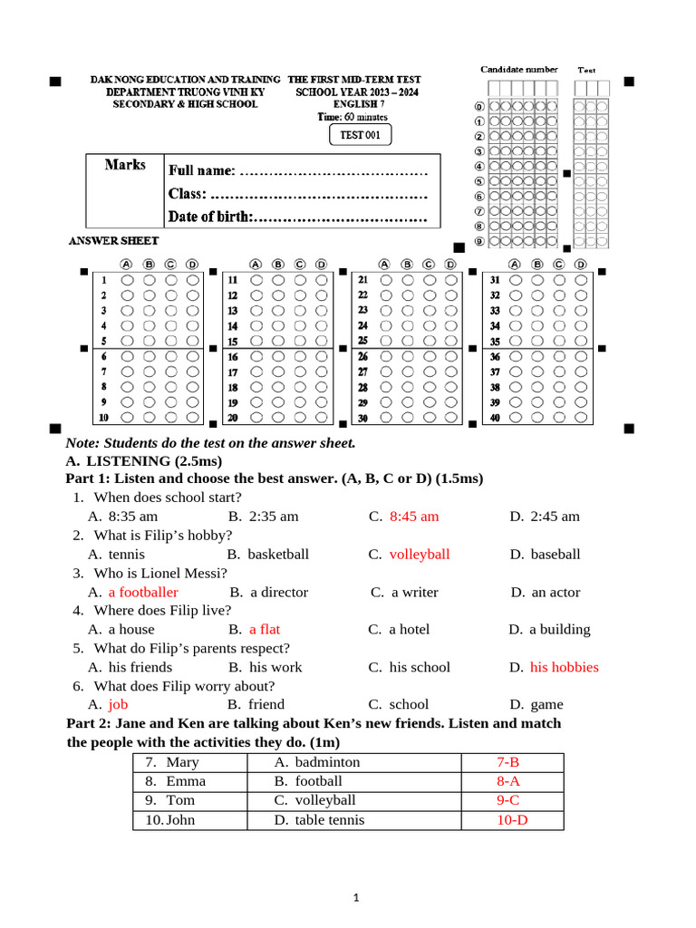 Grade 7 - Test 1 - Answer Keys | PDF