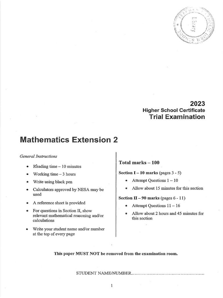 2023 Year 12 Mathematics Extension 2 Trial HSC Paper | PDF