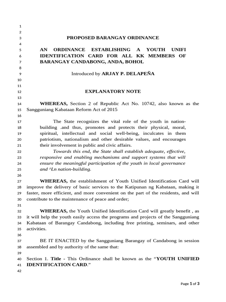 Proposed Barangay Ordinance-Youth Unified ID Card | PDF | Identity Document | Legal Documents