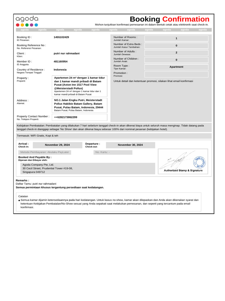 Confirmation For Booking ID # 1455102429 | PDF