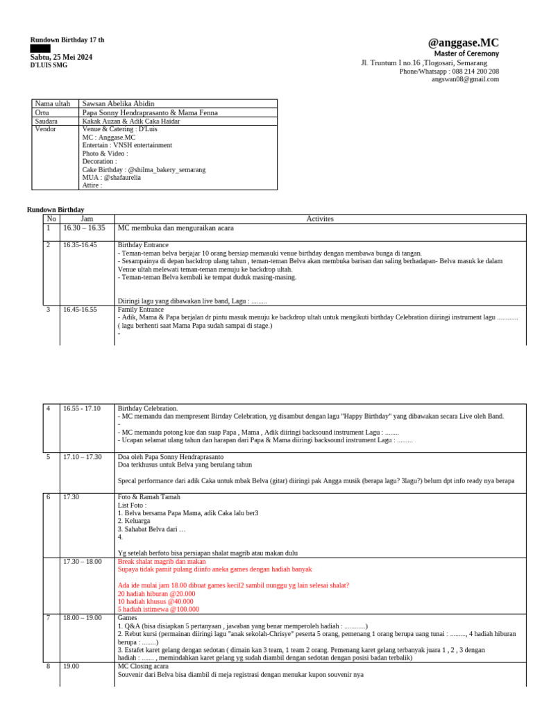 Rundown Birthday Sweet Seventeen Eva | PDF