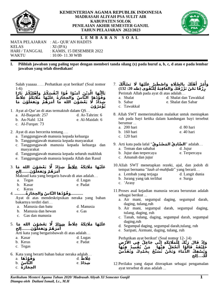 Soal Al-Quran Hadits Xi Ganjil | PDF