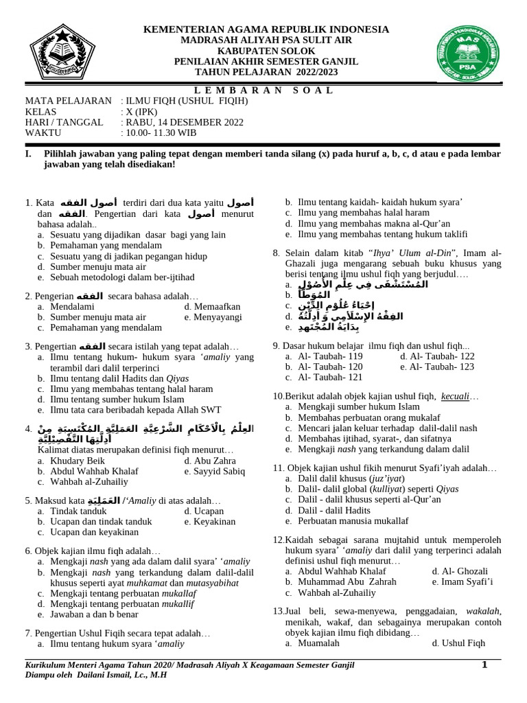 Soal Ushul Fikih X Ganjil | PDF