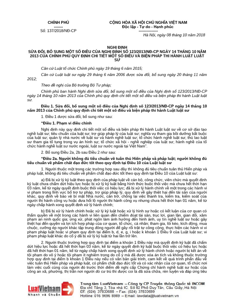 2b. Nghi-Dinh-137-2018-Nd-Cp-Sua-Doi-Nghi-Dinh-123-2013-Nd-Cp-Huong-Dan-Luat-Luat-Su | PDF