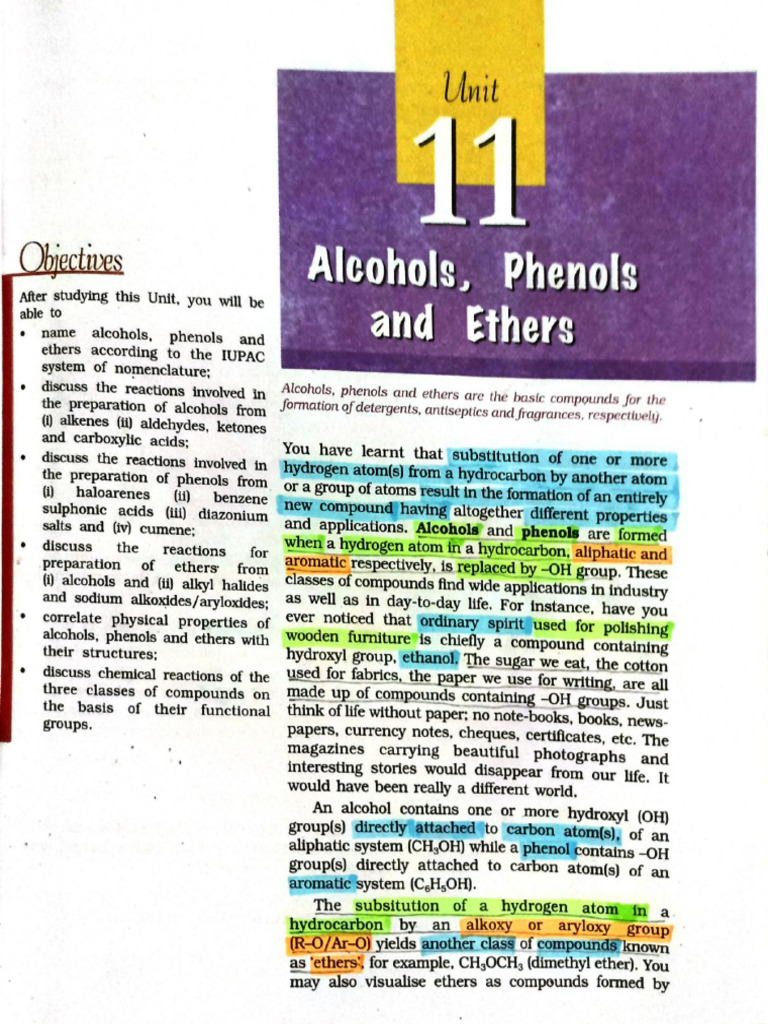 Alcohol Phenol and Ether Class 12 Part 2 Unit 11 Old NCERT | PDF
