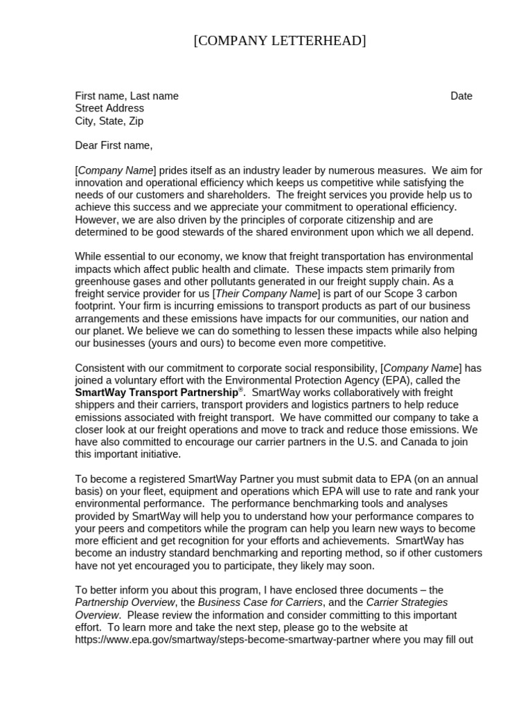 Template Logistics To Carrier Letter | PDF | Cargo | Corporate Social ...