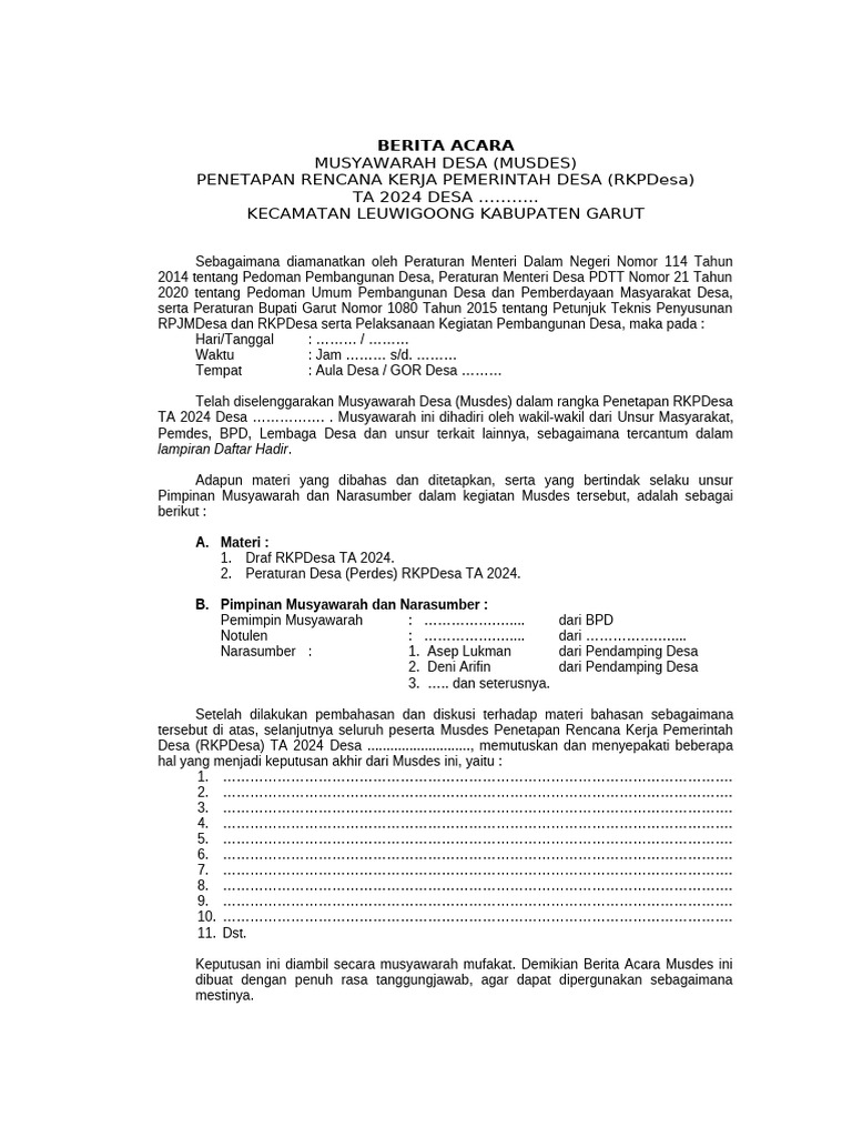 BA & Daftar Hadir Musdes Penetapan RKPDesa 2024 | PDF