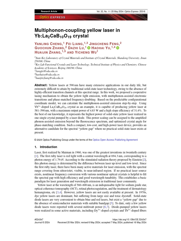 Multiphonon-Coupling Yellow Laser in Yb:La2CaB10O19 Crystal | PDF | Laser | Emission Spectrum