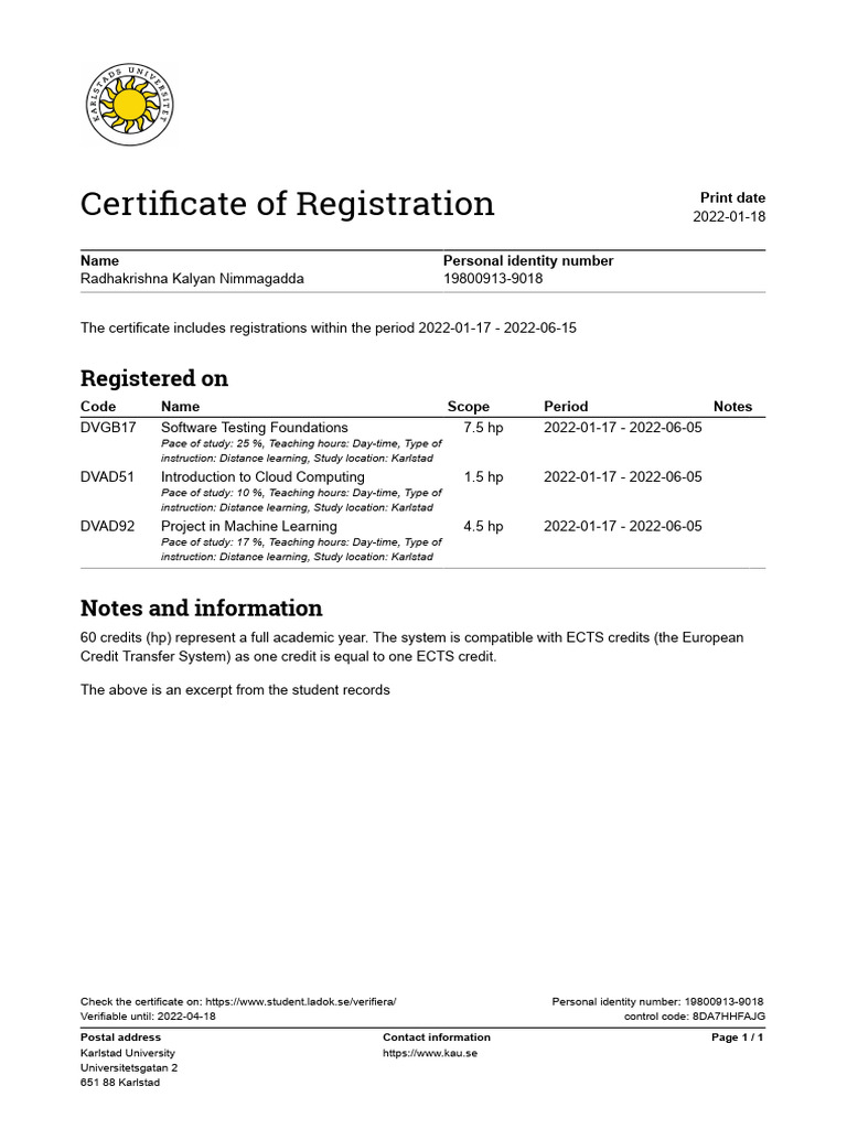 2022 Kau Reg Intyg | PDF