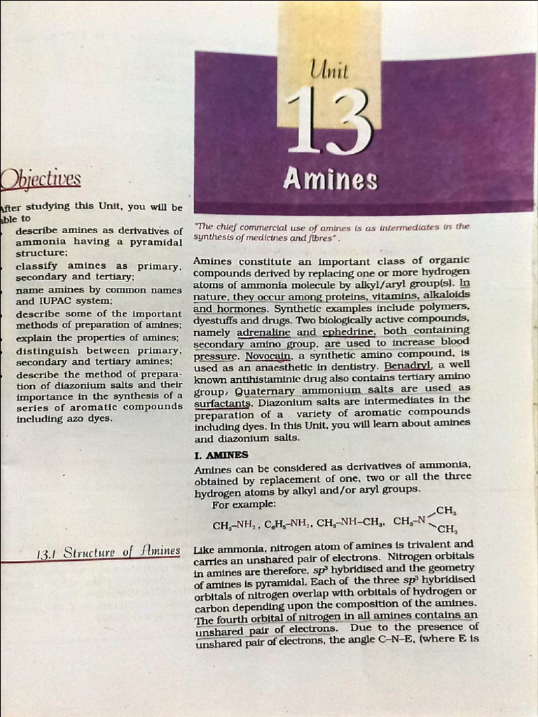 Amines Chemistry Class 12 Part 2 Unit 13 Old NCERT | PDF