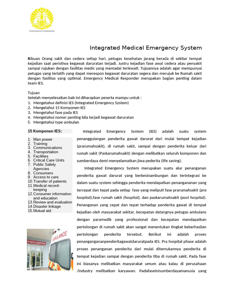 Integrated Medical Emergency System: 15 Komponen IES | PDF