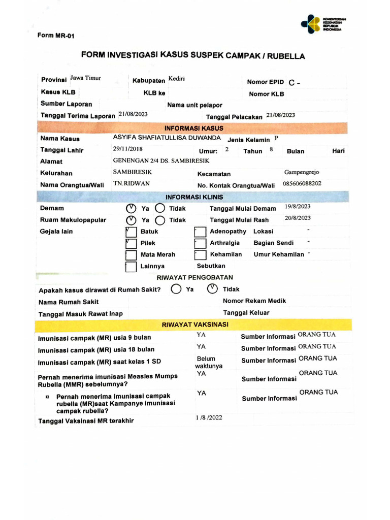 Form Investigasi Kasus Suspek Campak - Rubella | PDF