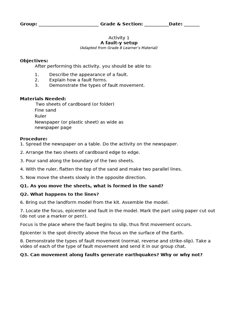 Activity Sheets | PDF | Fault (Geology) | Geology