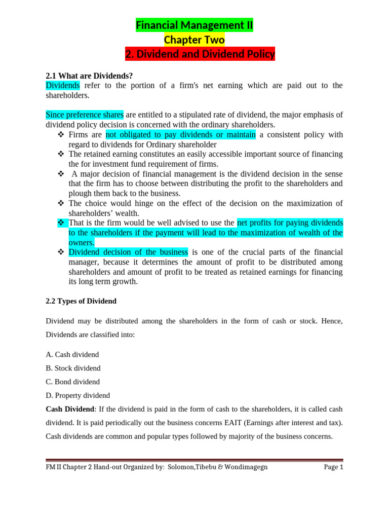 FM II Chapter 2 Dividend What Are Dividends 17.07.2015 | PDF | Dividend | Stocks