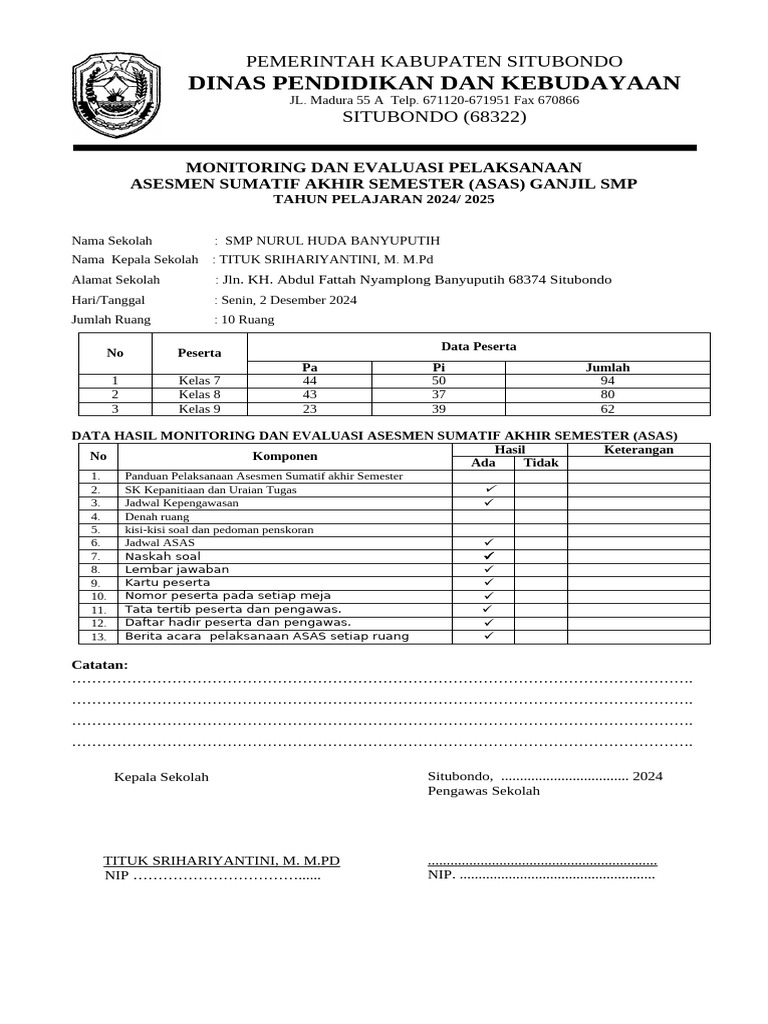 INSTRUMEN - MONEV - ASAS - SMP - 2024 Rev | PDF