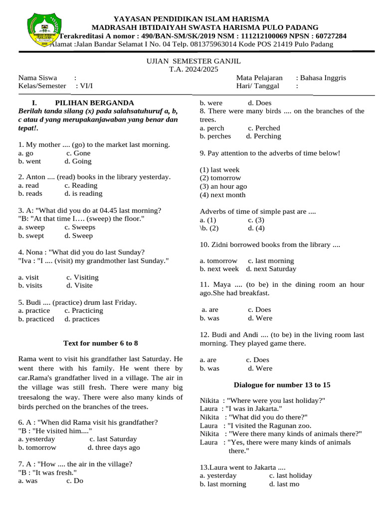 Soal Ujian Bahasa Inggris Kelas VI | PDF
