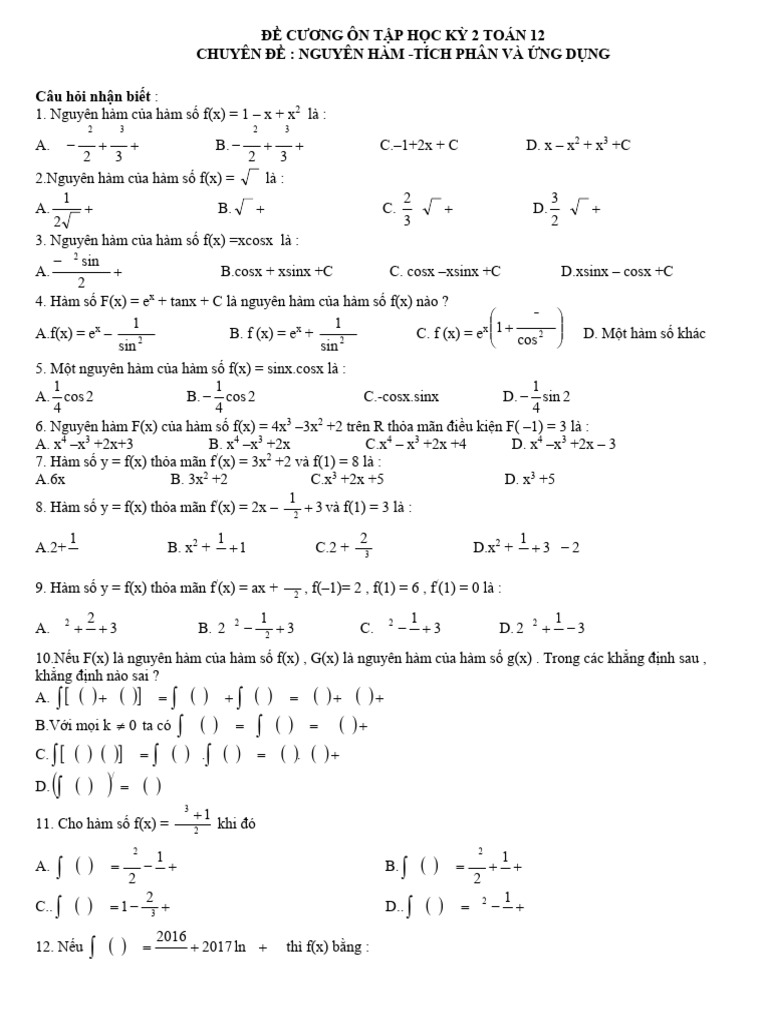 De Cuong On Tap Hk2 Toan 12 | PDF