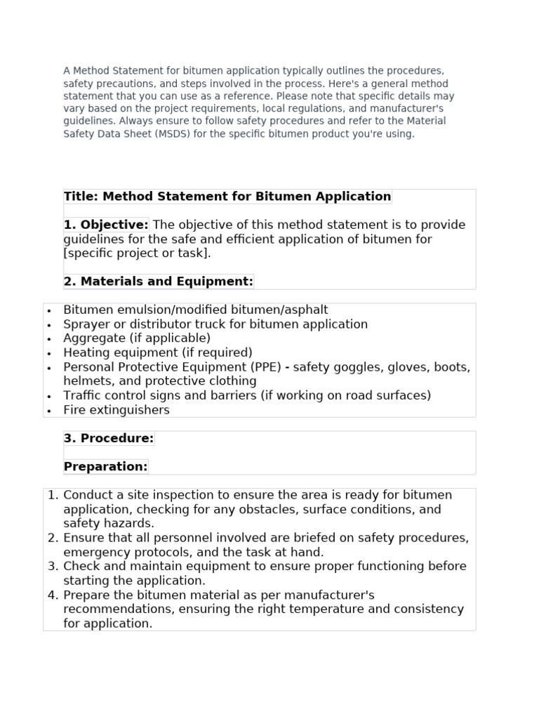 A Method Statement For Bitumen Application Typically Outlines The ...