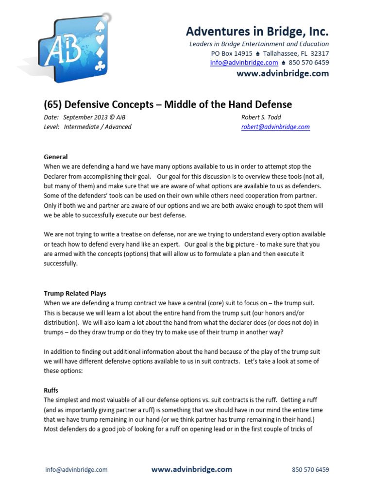 Middle Hand Defense in Bridge Strategies | PDF | Contract Bridge ...