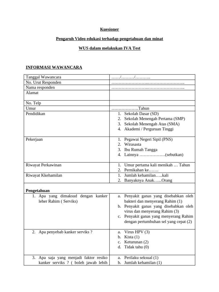 Lembar Kuesioner Iva | PDF