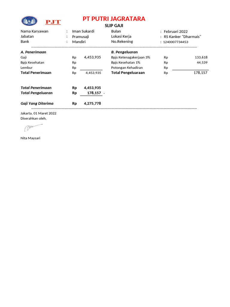 SLIP GAJI KARYAWAN RSK Dharmais Pramusaji 1 | PDF
