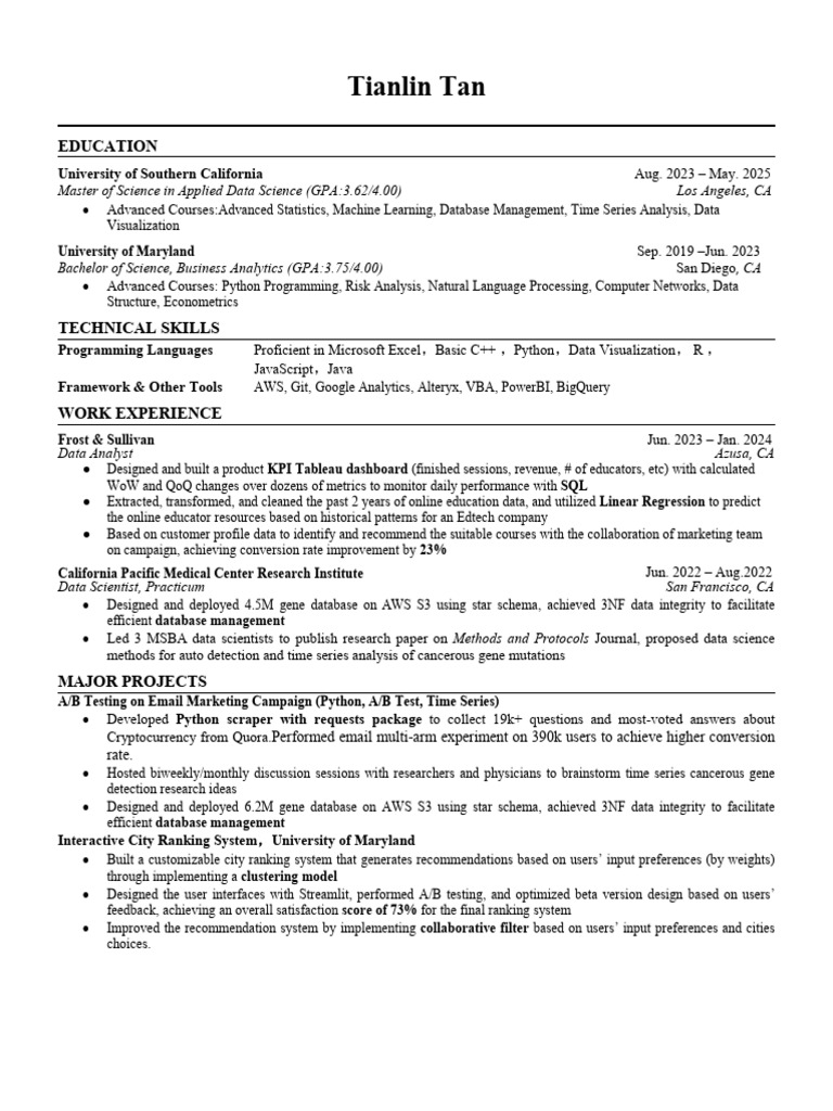 Resume Tianlin Tan Data | PDF | Data Science | Data