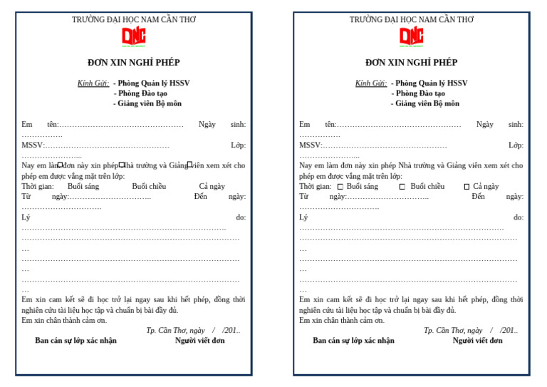 Mau Don Xin Nghi Phep - HSSV | PDF